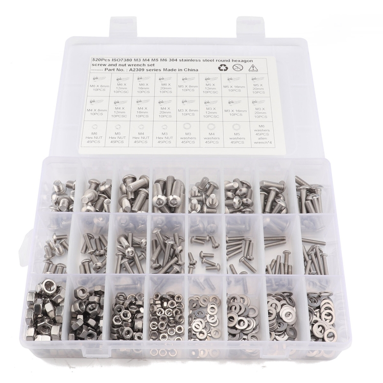 520 PCS 304 Stainless Steel Screws and Nuts Hex Socket Head Cap Screws ...