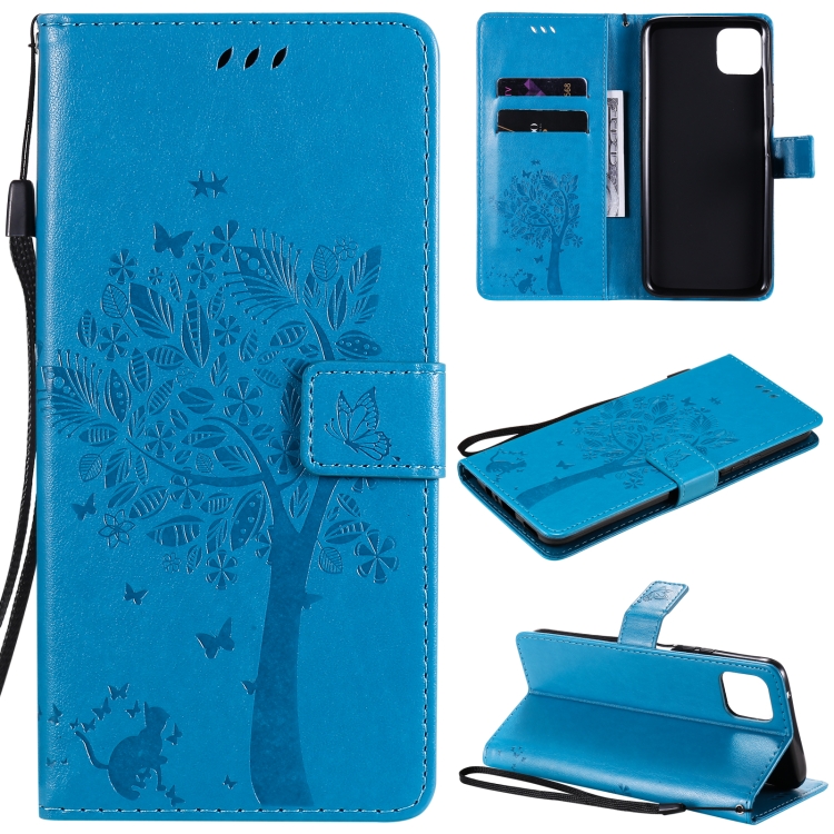화웨이는 20 5g 트리 및 고양이 패턴을 눌러 홀더 및 카드 슬롯 및 지갑 및 끈이있는 수평 플립 Pu 가죽 케이스 인쇄 파란색