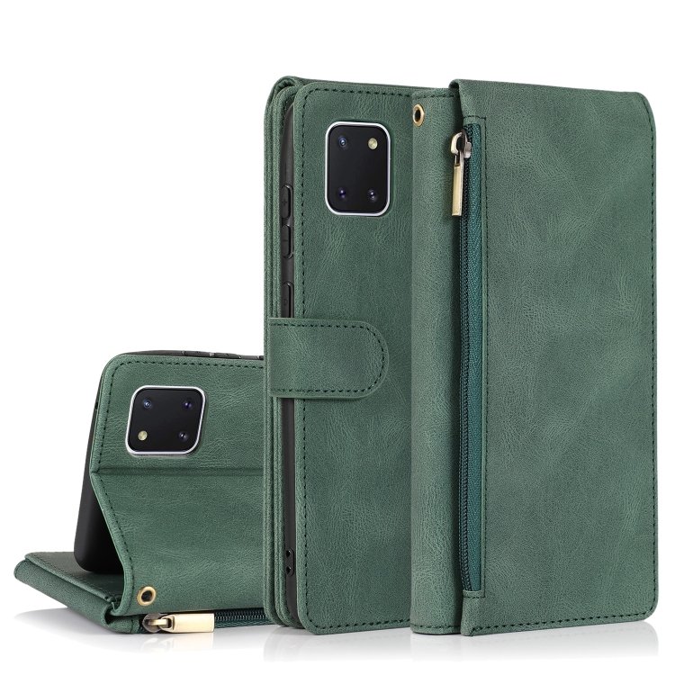 삼성 갤럭시 A81 스킨 느낌 크레이지 호스 텍스처 지퍼 지갑 가방 홀더 및 카드 슬롯 및 지갑 및 끈이있는 수평 플립 가죽 케이스 진한 녹색