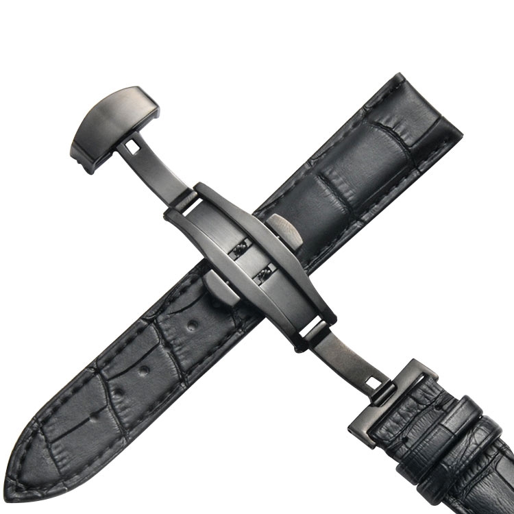 18mm Classic Cowhide Leather Black Butterfly Buckle Watch Band(Black)