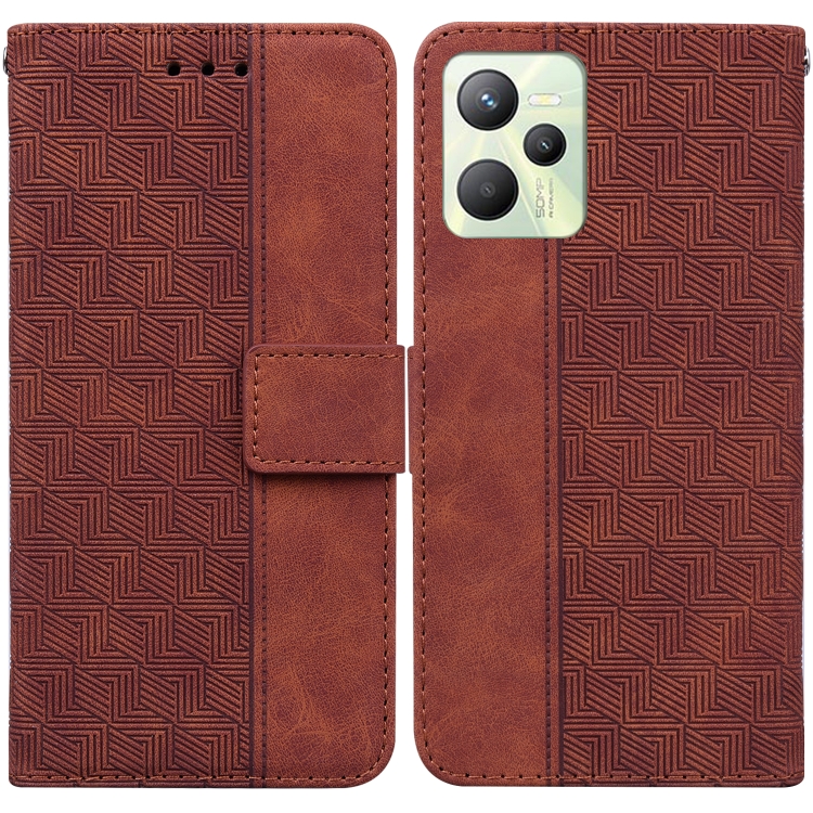 For Realme C33 Geometric Embossed Flip Leather Phone Case(Brown)