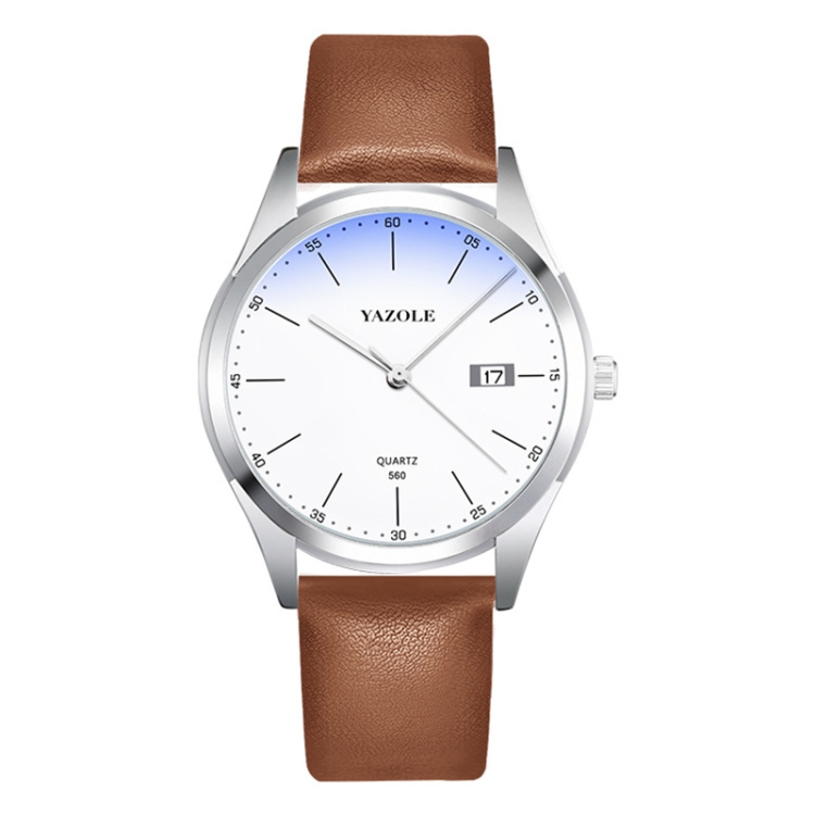 Yazole 560 หนังสายหนังควอตซ์การเคลื่อนไหวกันน้ำ Men Watch (สีขาว+สีน้ำตาล)