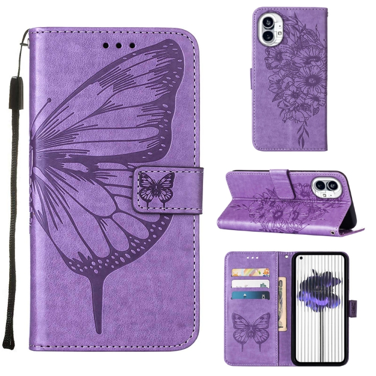 For Nothing Phone 1 Embossed Butterfly Leather Phone Case(Grey)