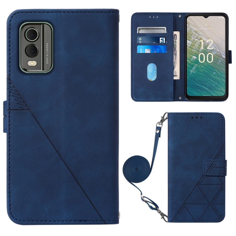 สำหรับ Nokia C32 TA-1534 Crossbody ซองใส่โทรศัพท์หนังพลิกนูน 3D (สีน้ำเงิน)