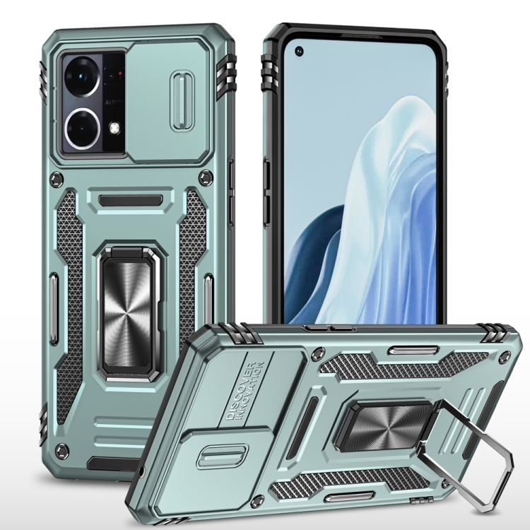 สำหรับ OPPO Reno7 4G Armor PC + TPU Camera Shield เคสโทรศัพท์ (สีเขียวอ ...