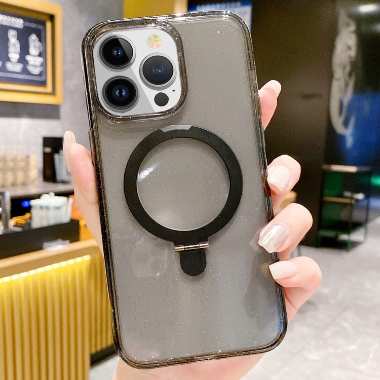 For iPhone 15 Glitter MagSafe Magnetic Phone Case with Stand(Black)