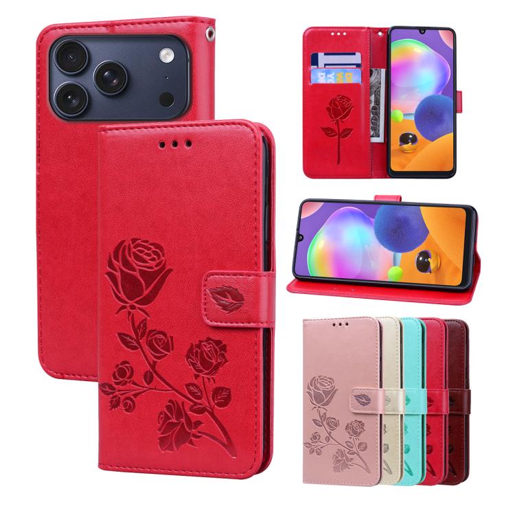 For iPhone 16 Rose Embossed Flip PU Leather Phone Case(Red)