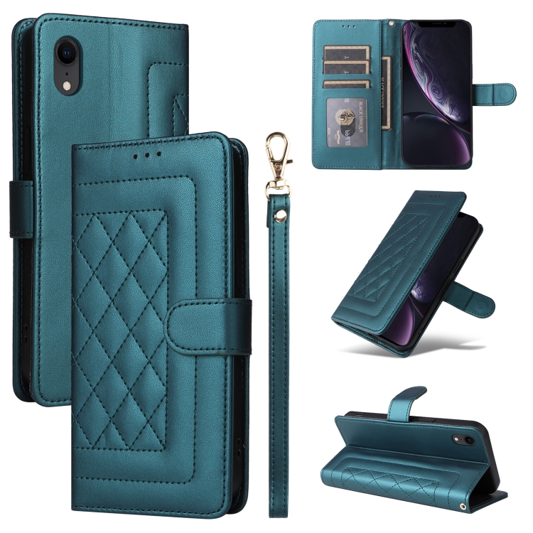 สำหรับ iPhone XR Diamond Lattice Leather Flip Phone Case (สีเขียว)