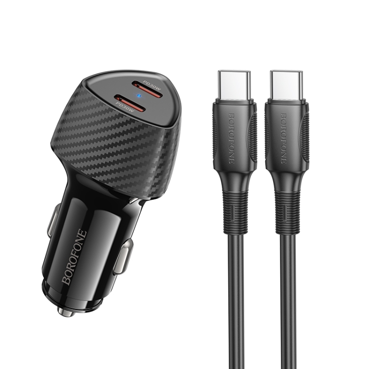 Borofone Bz31d 솔리드 Pd60w 듀얼 Type C 차량용 충전기 세트type C Type C 케이블 포함검은색