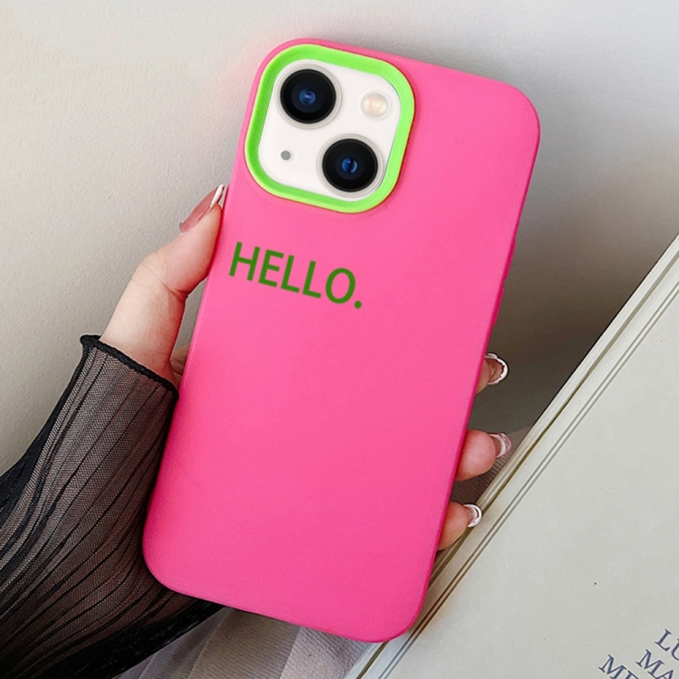 สำหรับ iPhone 14 Plus HELLO Word PC เคสโทรศัพท์ TPU ไฮบริด (สีแดงกุหลาบ)