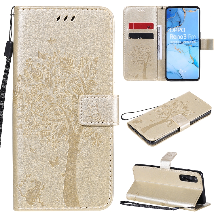 For Oppo Reno4 Pro 5G Tree & Cat Embossed Pattern Horizontal Flip ...