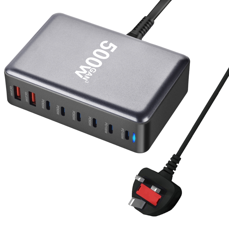 500W GaN 6 Type-C 2 USB Multi Ports Sharing Desktop Charger, Plug:UK ...