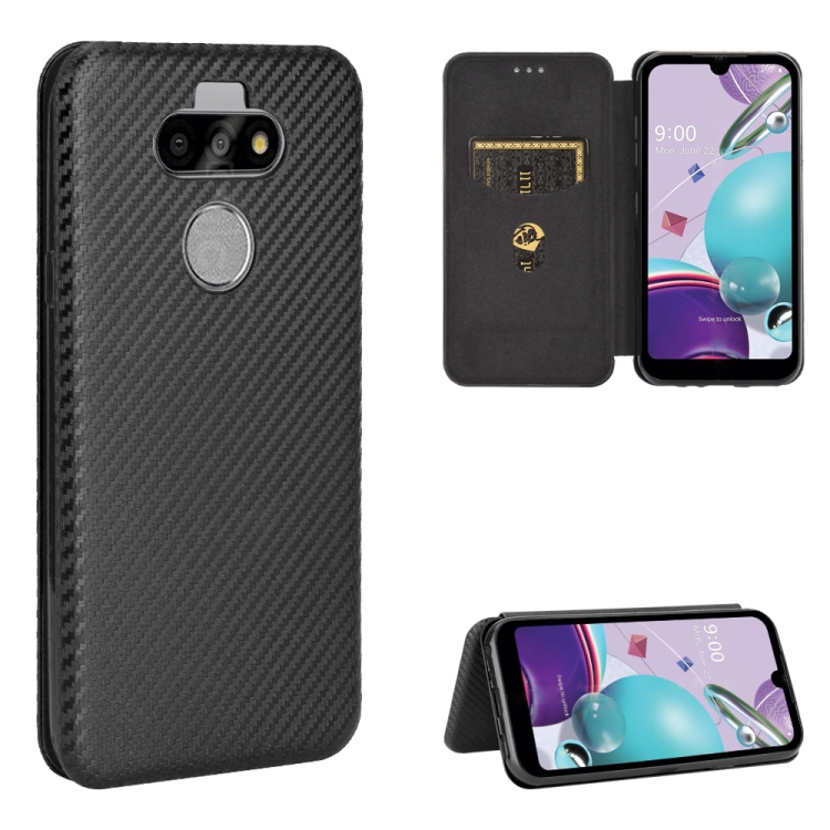 LG K31 탄소 섬유 질감 마그네틱 수평 플립 TPU + PC + PU 가죽 케이스 (카드 슬롯 포함) (블랙)