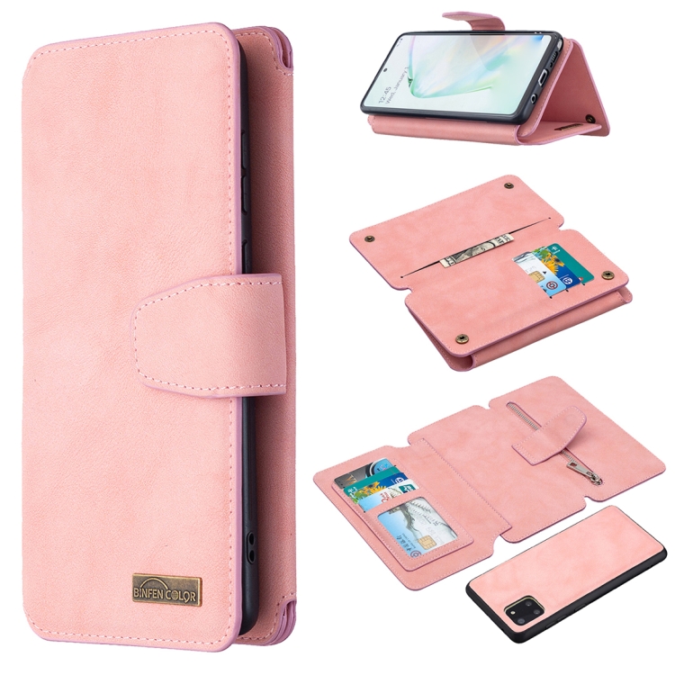 삼성 갤럭시 A81 분리형 프로스트 마그네틱 수평 플립 Pu 가죽 케이스 카드 슬롯 및 홀더 및 지퍼 지갑 및 사진 프레임 핑크