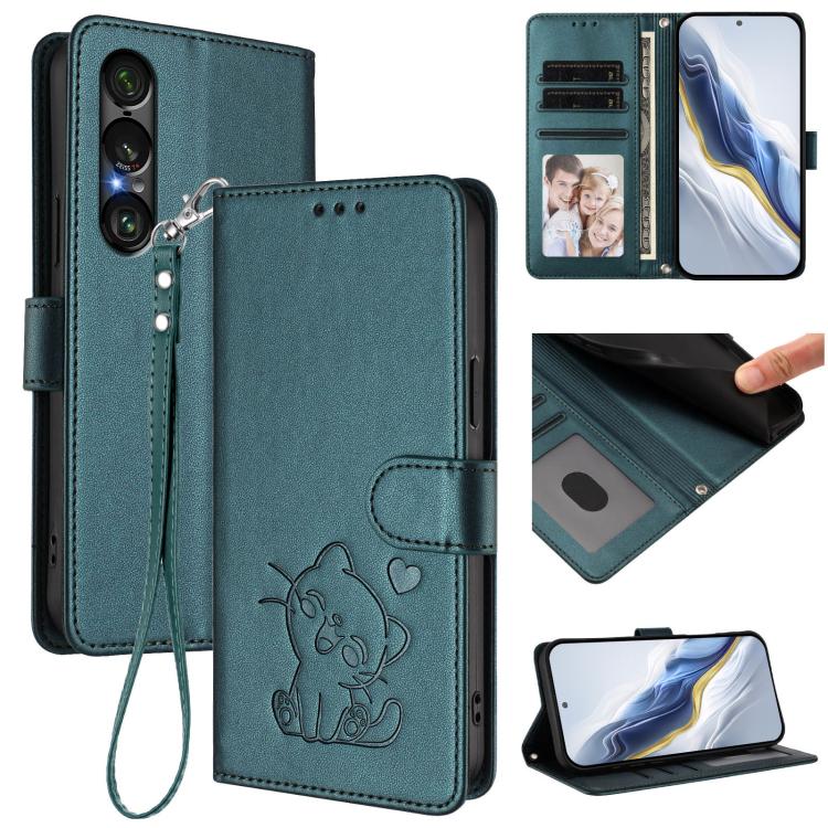 For Sony Xperia 10 VII Embossed Heart Cat Leather Phone Case with Hand ...