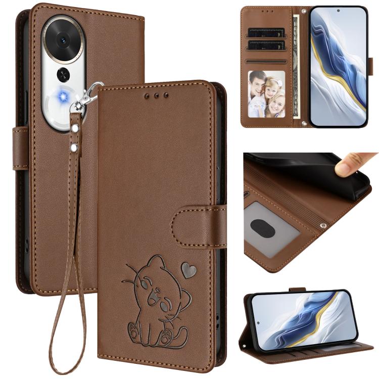 For Honor Magic8 Embossed Heart Cat Leather Phone Case with Hand Strap ...