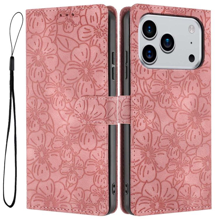 For iPhone 16e Cherry Blossoms Embossed Leather Phone Case(Pink)
