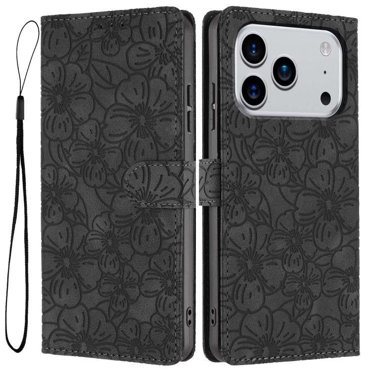 For iPhone 13 Pro Cherry Blossoms Embossed Leather Phone Case(Black)