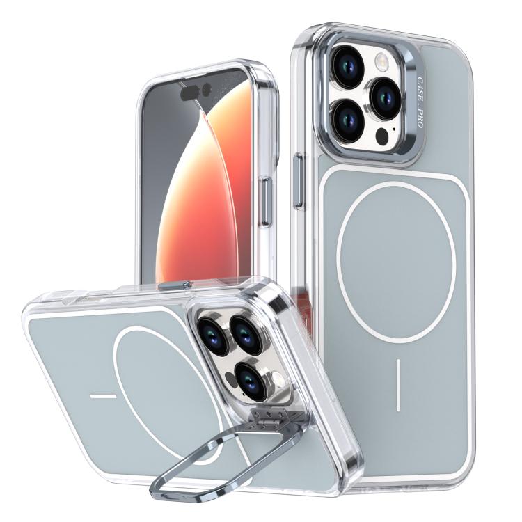 For iPhone 13 Pro Max Bright Color Blocking Camera Bracket Magnetic Phone Case(Grey)