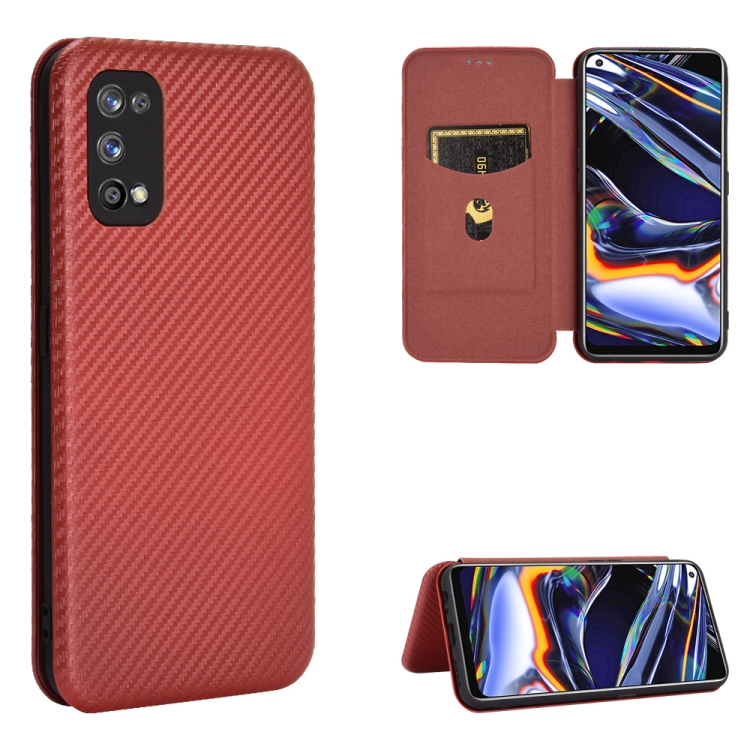 สำหรับ OPPO Realme 7 Pro เนื้อคาร์บอนไฟเบอร์แม่เหล็กแนวนอนพลิก TPU + PC ...
