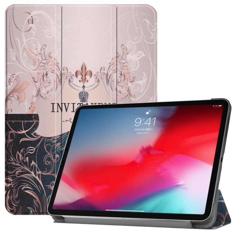 가로 플립 프렌치 플라워 텍스처 패턴 컬러 페인트 가죽 케이스 Ipad Pro 11 인치 2018 3 단 접이식 홀더 및 웨이크 업 수면 기능 포함