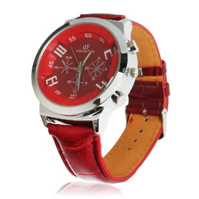 Stylish Quartz Wrist Watch Wristwatch with Leather Band (Red)