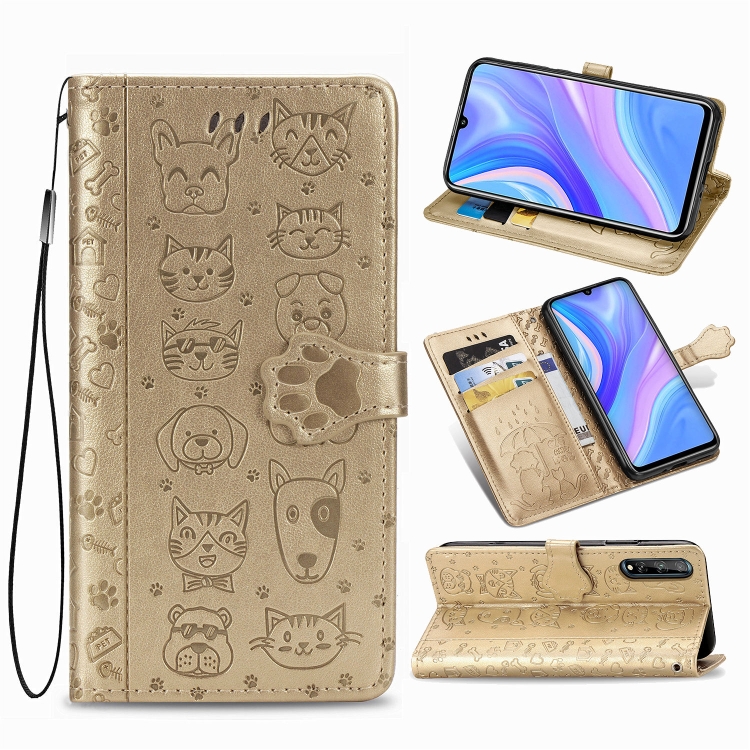 화웨이 Y8p 10s 사랑스러운 고양이와 강아지 엠보싱 패턴을 즐기십시오 수평 플립 가죽 케이스 홀더 및 카드 슬롯 및 지갑 및 만화 걸쇠 및 끈 골드