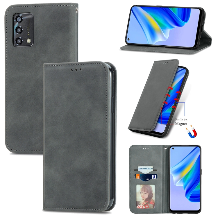 OPPO A95 4G 레트로 스킨 느낌 마그네틱 수평 플립 가죽 전화 케이스 (회색)