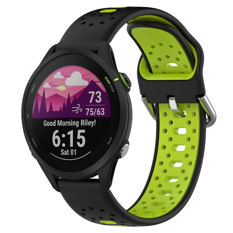 Garmin Forerunner 255 22mm 통기성 2색 실리콘 시계 밴드용(검은색 + 라임 그린)