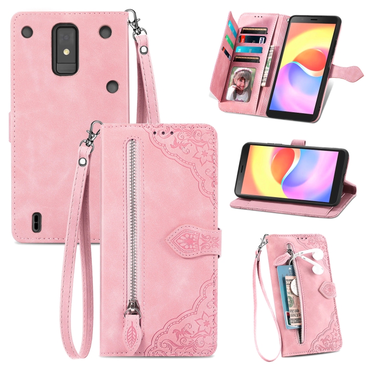 สำหรับ ZTE Blade A32 ซองหนังซิปดอกไม้นูน (สีชมพู)
