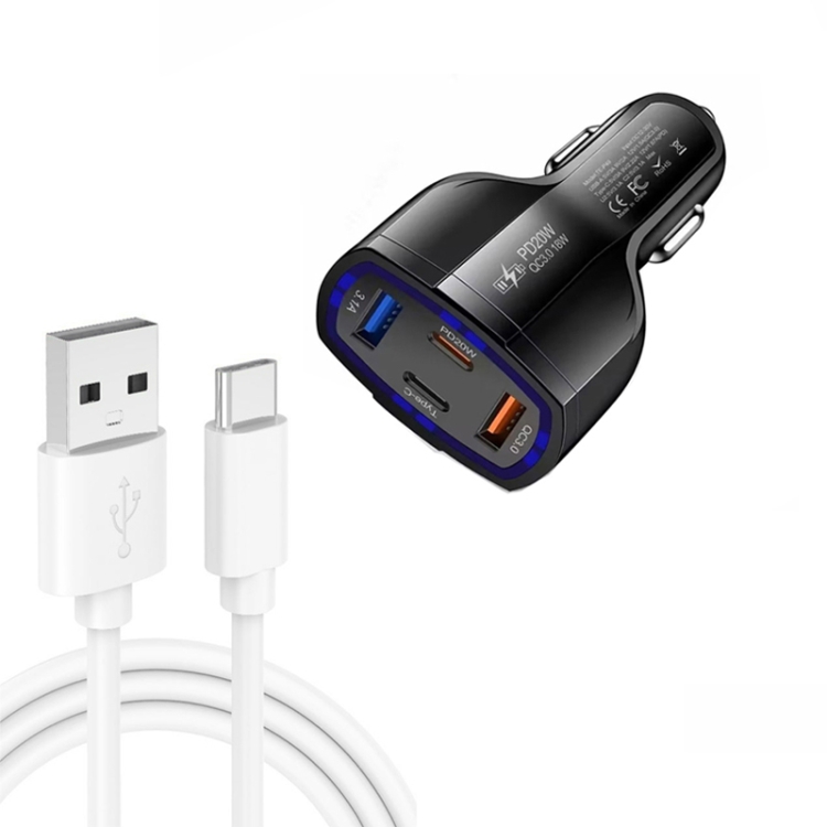 P49 53W PD20W Type-C + USB 4포트 차량용 충전기(USB-Type-C 데이터 케이블 포함)(검은색)