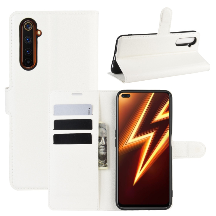 สำหรับ OPPO Realme 6 Pro เนื้อลิ้นจี่เคสป้องกันพลิกแนวนอนพร้อมตัวยึดและ ...