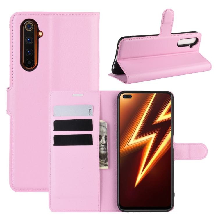 สำหรับ OPPO Realme 6 Pro เนื้อลิ้นจี่เคสป้องกันพลิกแนวนอนพร้อมตัวยึดและ ...