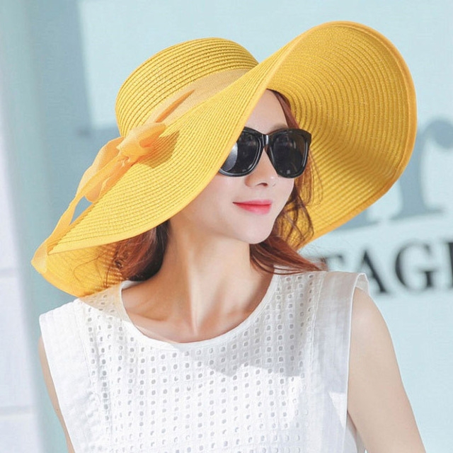 Women Summer Hats Foldable Wide Large Brim Beach Sun Straw Cap Elegant