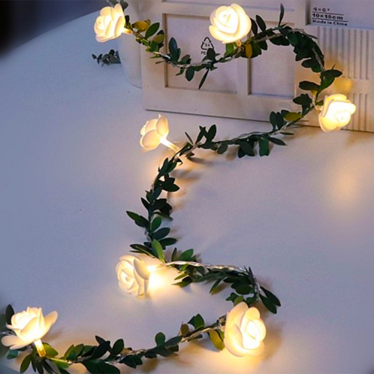 7.5m 50 LEDs Solar Simulation Green Leaf Rattan Rose Flower Vine LED ...