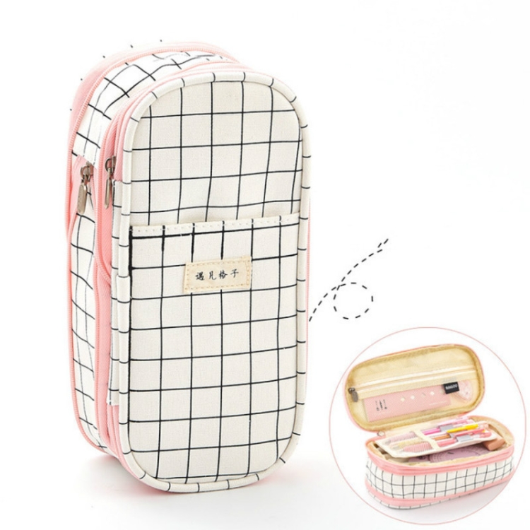 Simple Female Small Fresh Cute Large Capacity Grid Pencil Case Canvas ...
