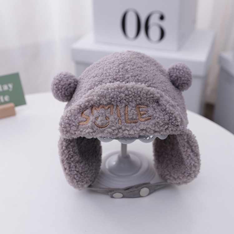 C0235 곰 모양 편지 패턴 아기 귀 보호 모자 양고기 캐시미어 겨울 따뜻한 유아 방풍 모자, 크기 : 약 48cm (회색)