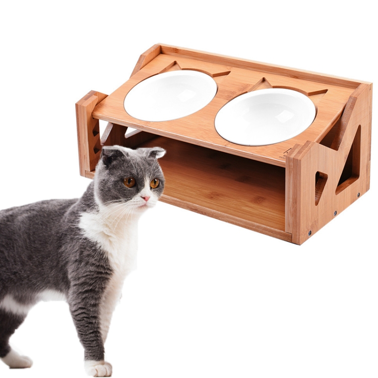 Bamboo Wood Lifting Cat Dining Table Adjustable Height Inclined Cat ...