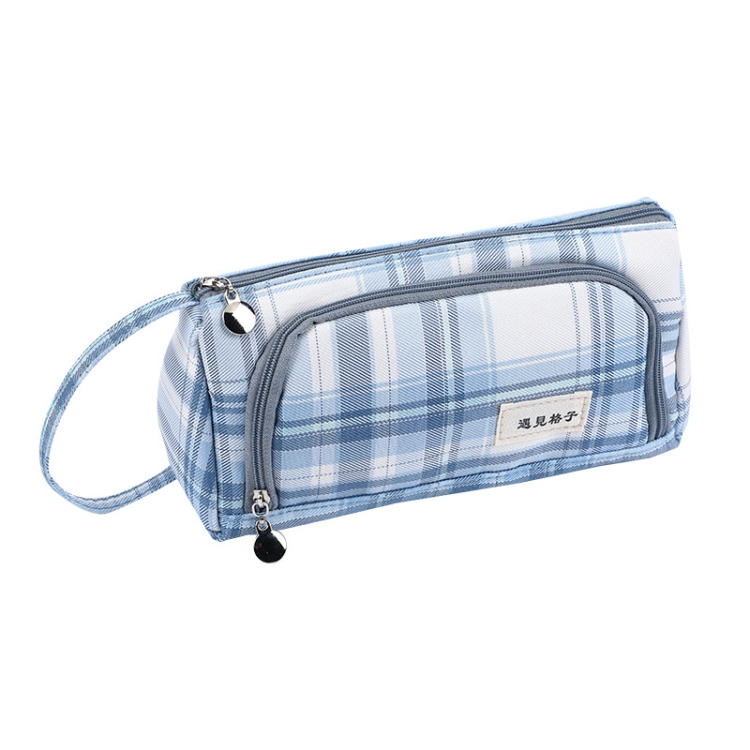 นักเรียนขนาดใหญ่ความจุสองซิปพกพาพกพากระเป๋าเครื่องเขียน (Blue Gird)