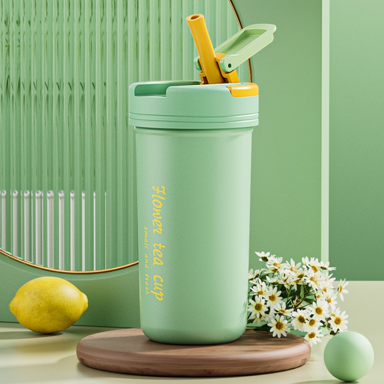 차 파티션 밀짚 컵 사무실 커피 머그잔이 있는 BBHS 휴대용 절연 컵, 용량: 430ml(페어리 그린)