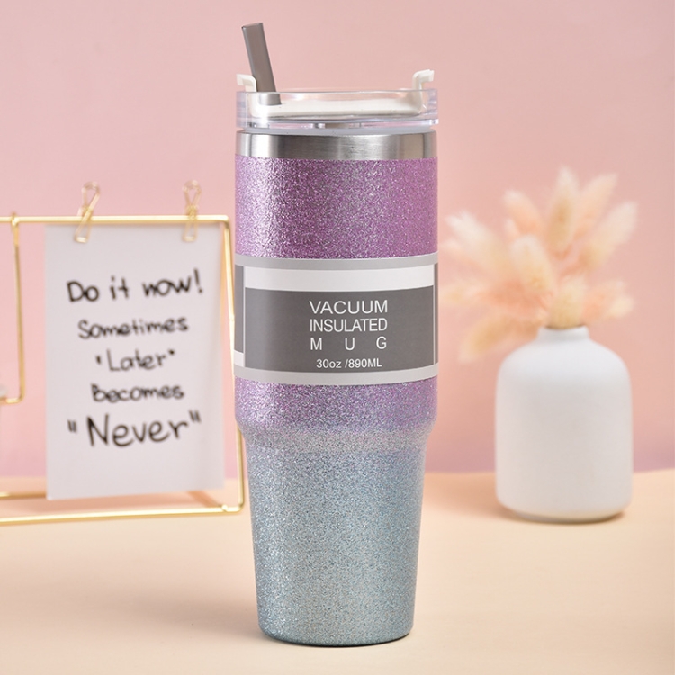 30온스 반짝이 절연 커피 컵 더블 레이어 아이스 컵 스테인레스 스틸 자동차 컵 빨대 퍼플 블루