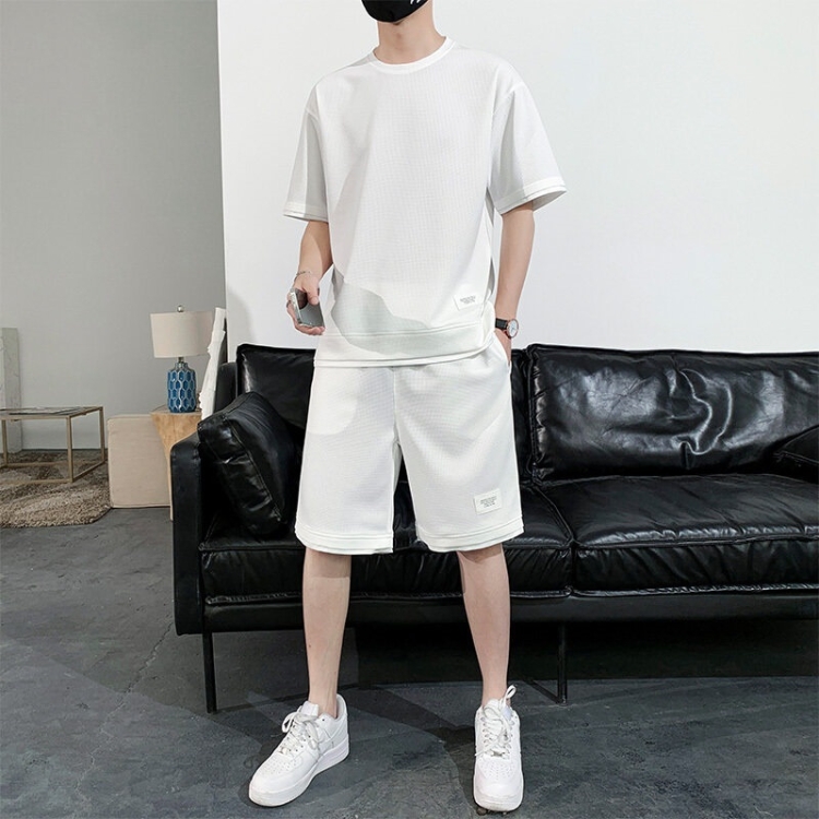 얼음 실크 느슨한 와플 스포츠 짧은 슬리브 반바지 세트 색상 흰색 크기 L