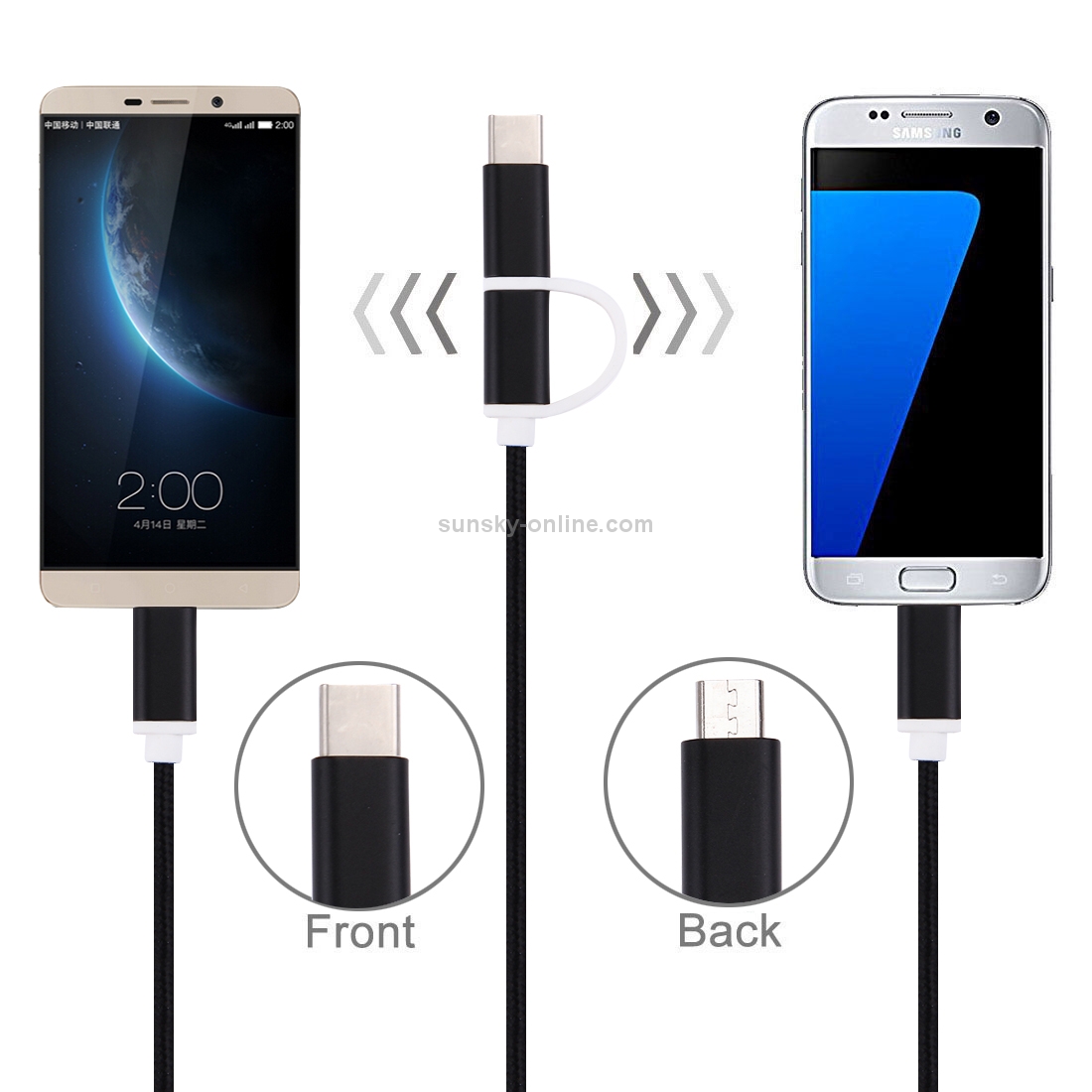 1m 2A Woven Style Metal Head 2 in 1 Type C & Micro USB to USB Data ...
